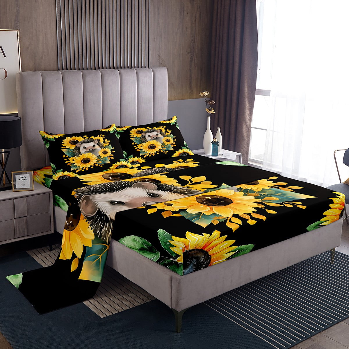 Hedgehog Sheet Set Twin, Rustic Sunflower Sheets Cute Animal Kawaii Bed ...