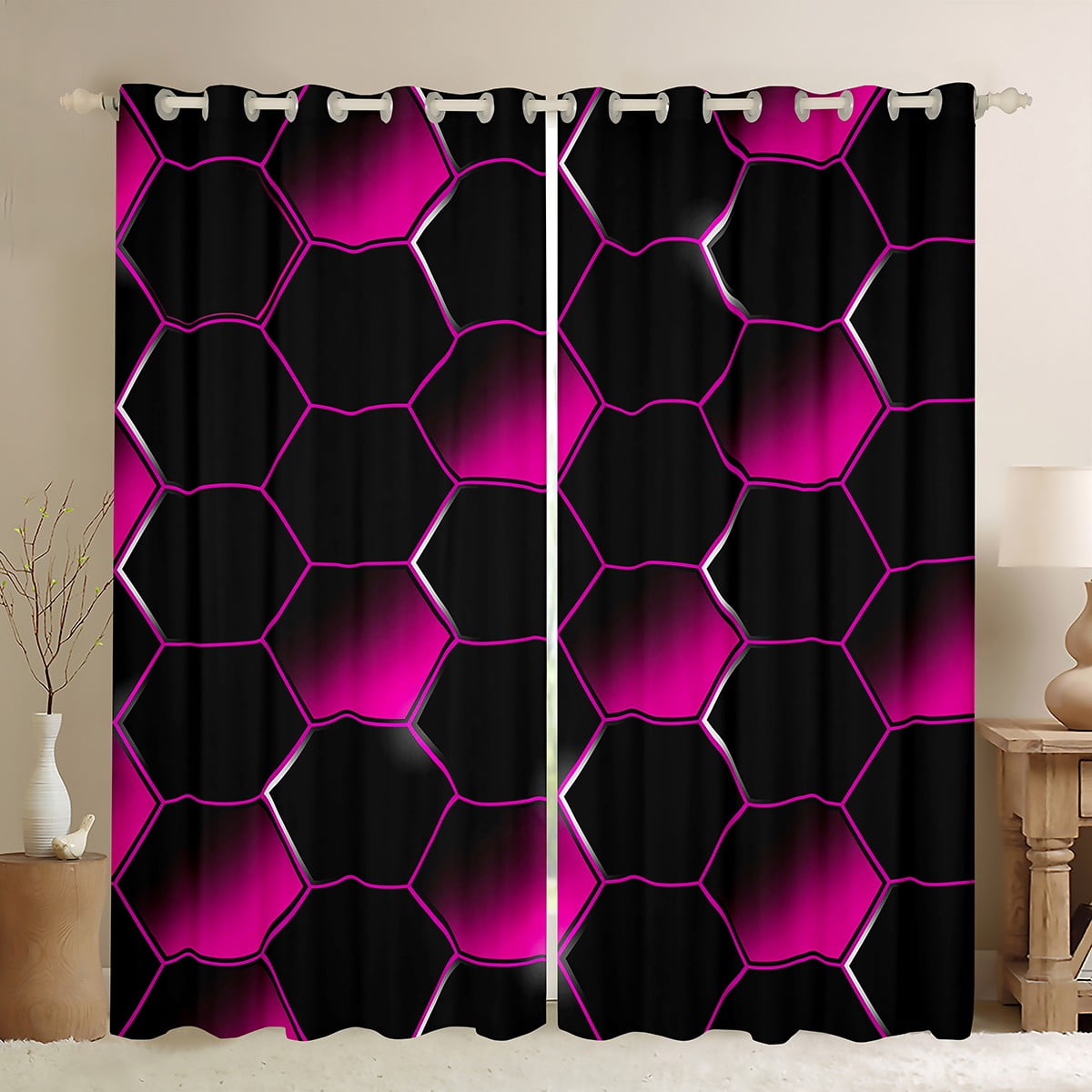 Hexagon 30%-50% Blackout Curtains For Bedroom 3D Neon Honeycomb ...