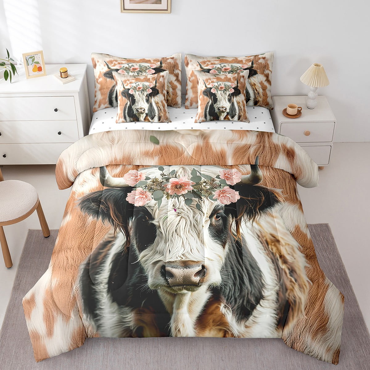 YST Highland Cattle 7 Piece Queen Bed Set - Includes Cowhide Comforter & Sheet Set Bull Cattle ...