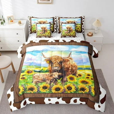 Highland Cow 7 Piece Comforter Set Full Bed in a Bag,Farm Animals Bedding Sets Gradient Teal ...