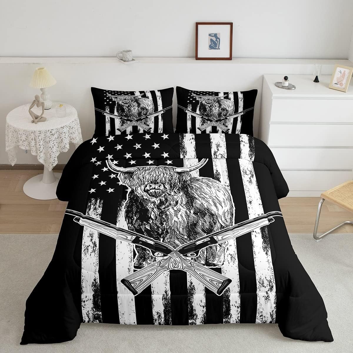 Erosebridal Highland Cattle Comforter Set American Flag Bedding Queen Size Hunting Theme Duvet ...