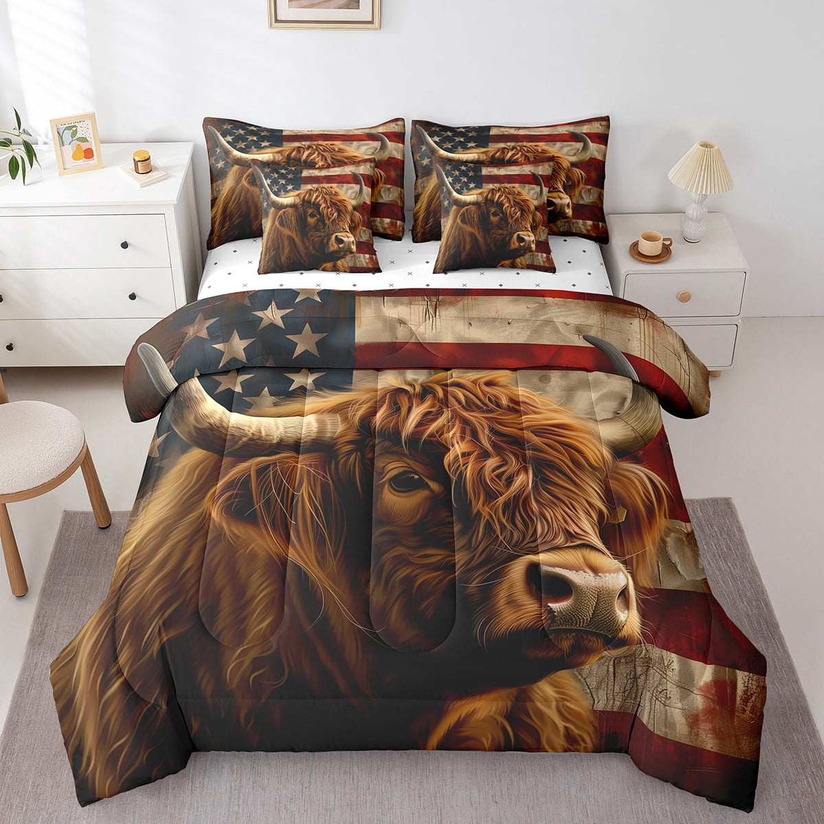 YST Highland Cow Bed in a Bag 7-Piece Kids Boys Teens Cute Cattle Full Size Comforter Set,Farm ...