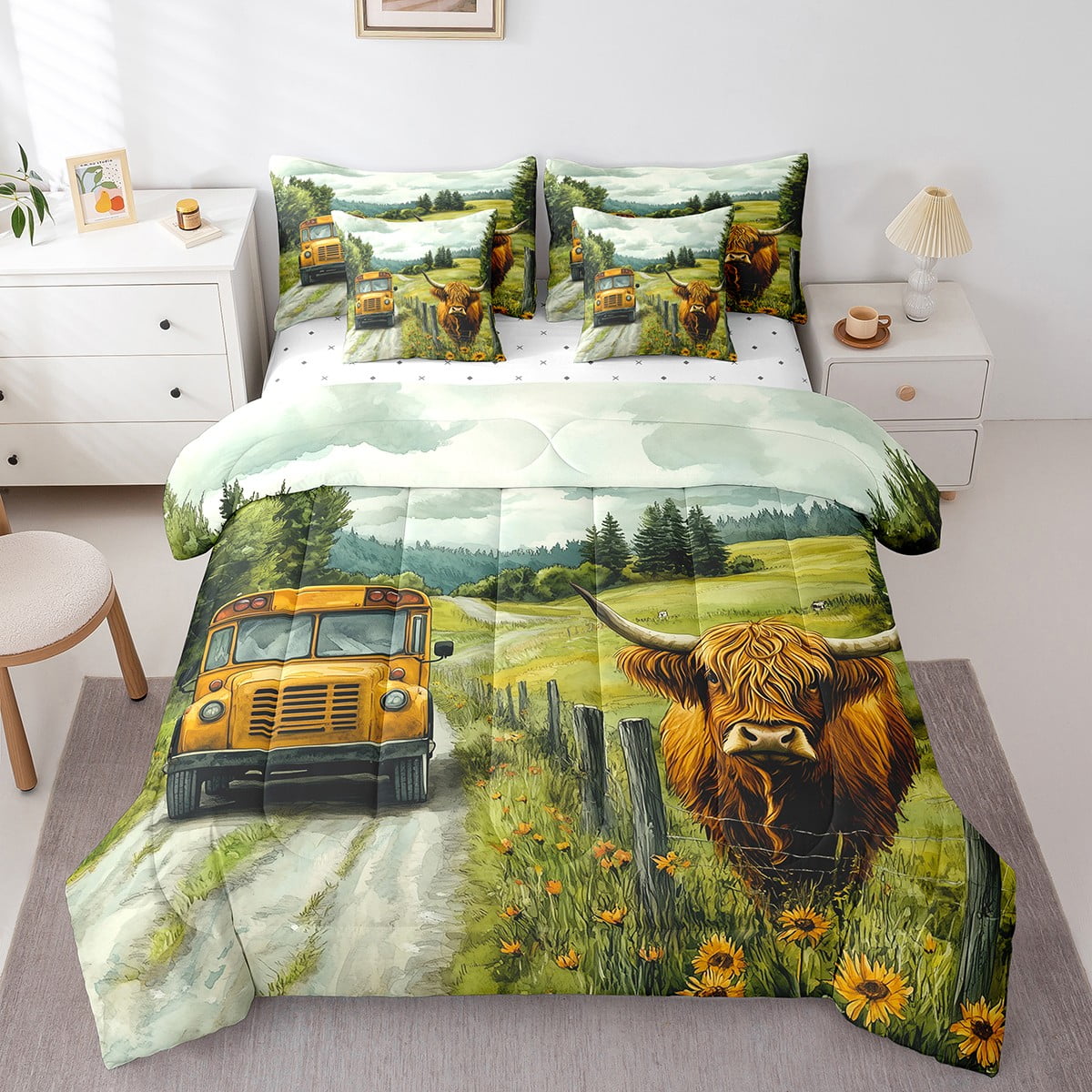 YST Highland Cow Bedding Full Size 7pcs, School Bus Printed Soft ...