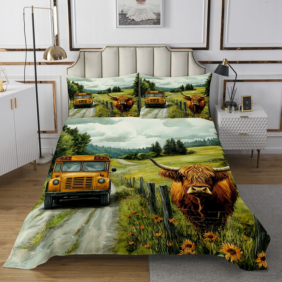 Highland Cow Bedspread Set Queen Size, School Bus Printed Soft Quilt ...