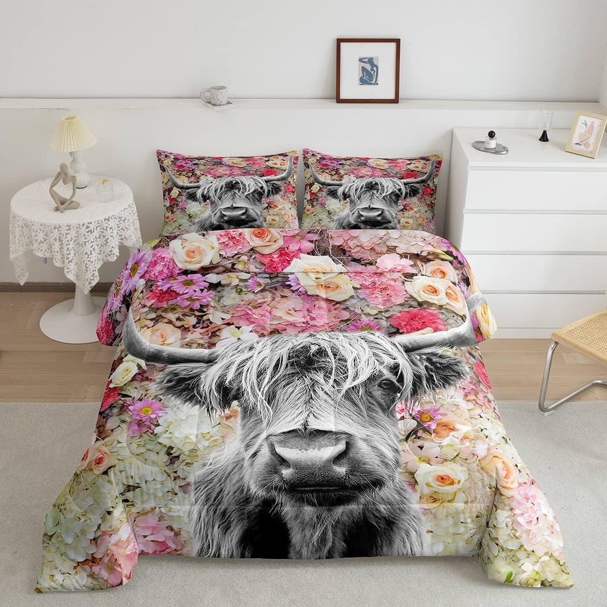 Highland Cow Comforter Set Full Size Rose Flower Bedding Set Teens Adult Western Wild Animal ...