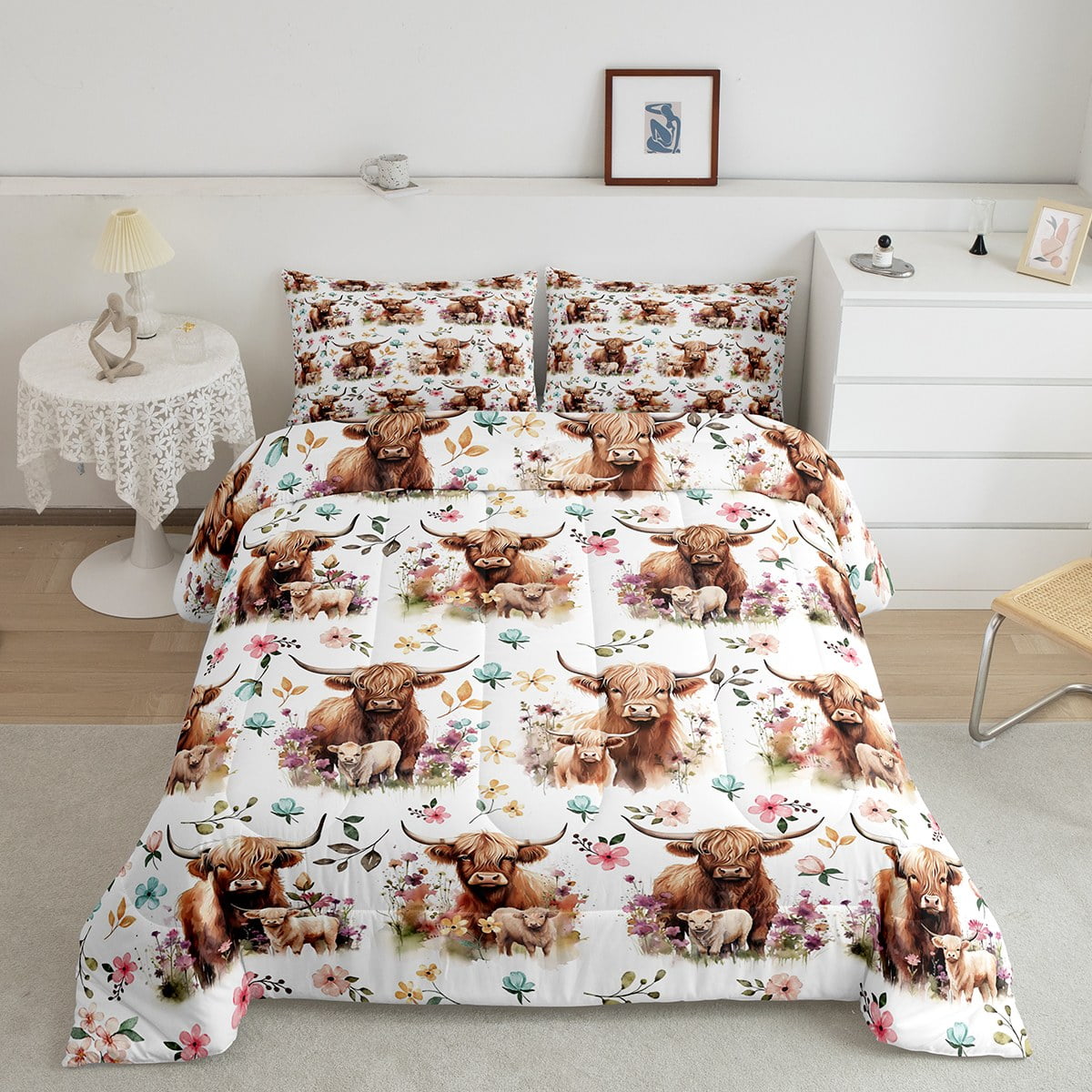 Erosebridal Highland Cow Comforter Set King, Flowers Bedding, Kawaii Farmhouse Wild Animals ...