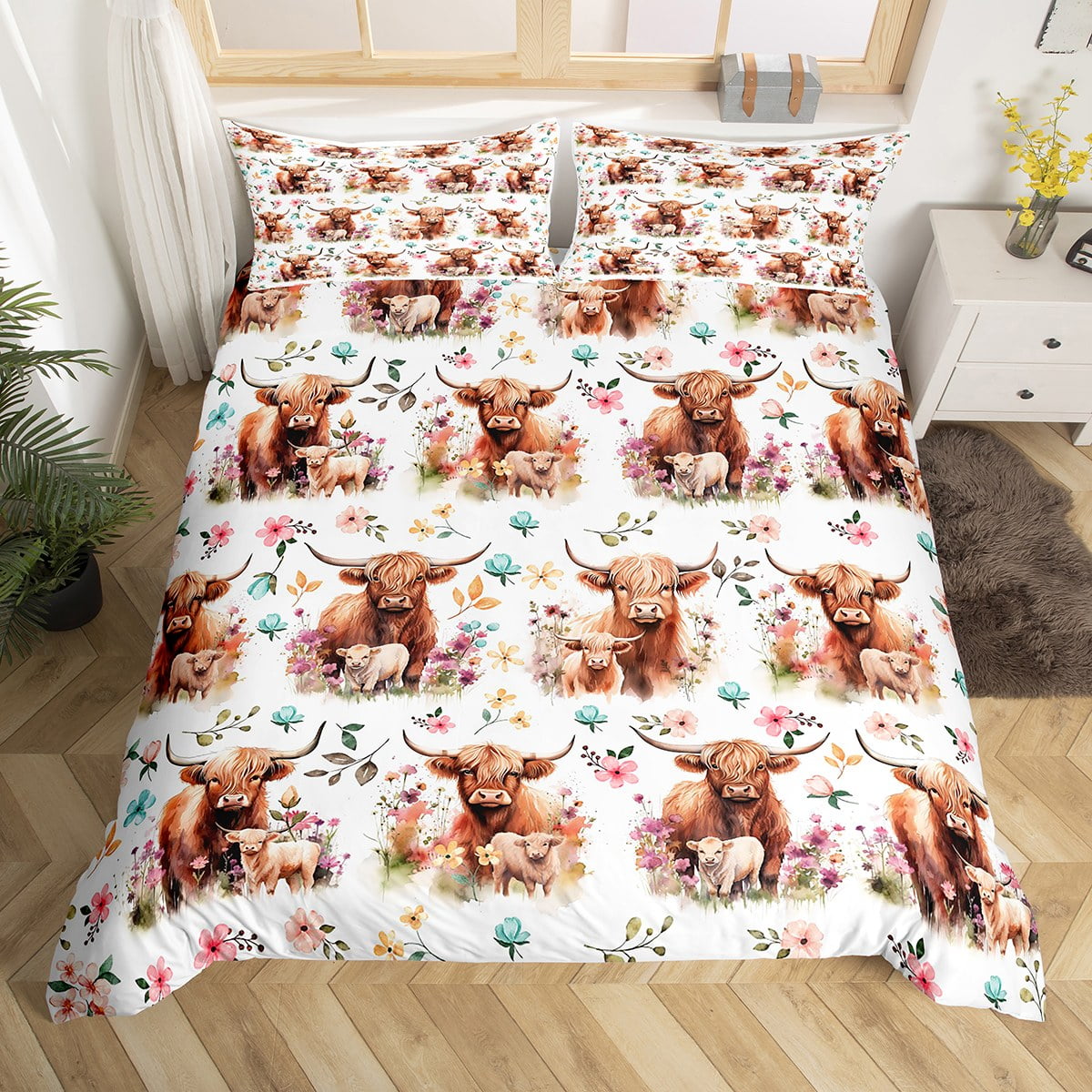 Erosebridal Highland Cow Duvet Cover King, Flowers Bedding Set, Kawaii ...