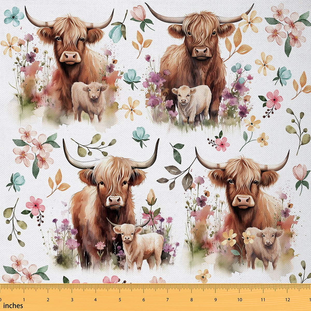 YST Highland Cow Fabric By The Yard, Flowers Upholstery Fabric, Kawaii ...