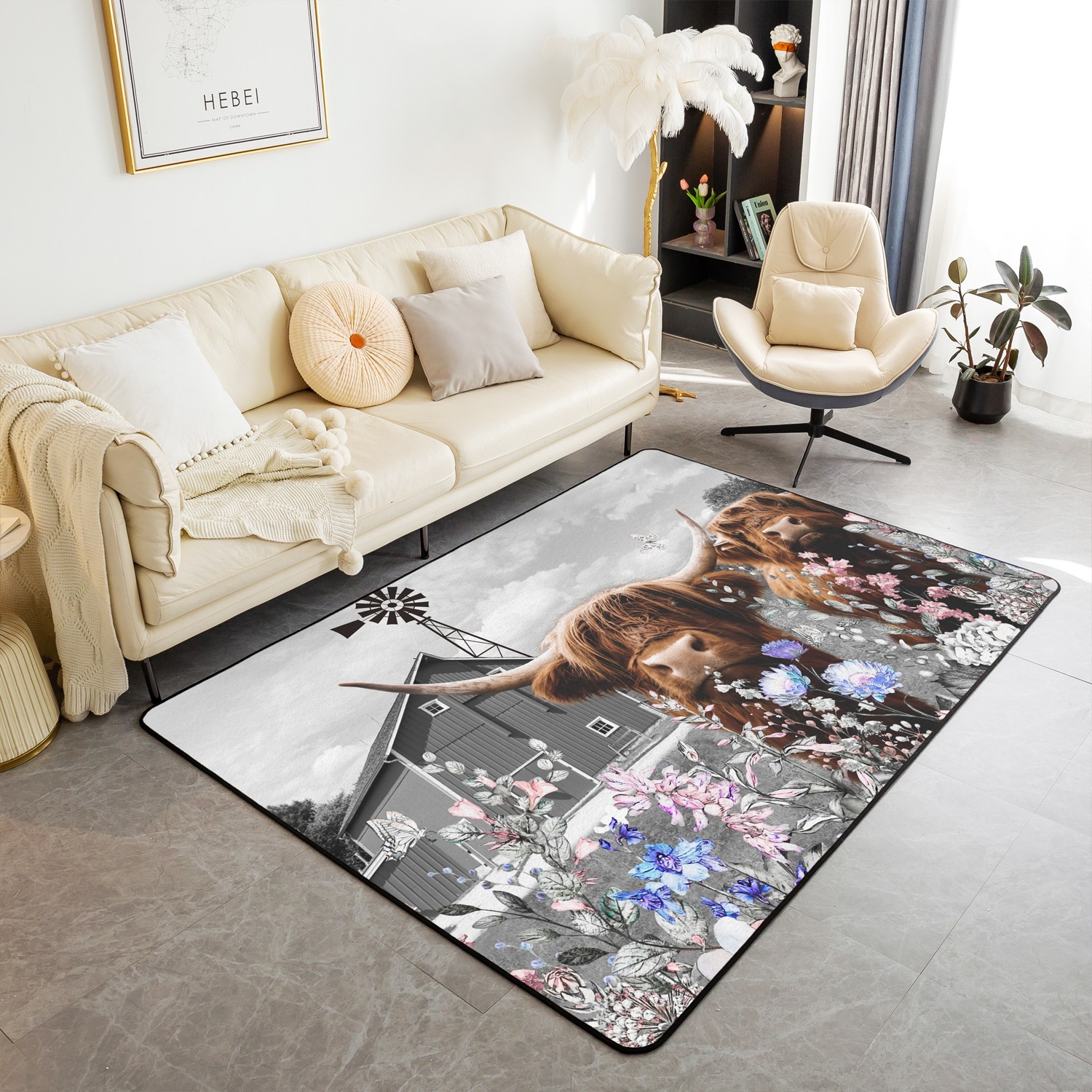 Erosebridal Highland Cow Farm Animals Area Rug 5x7,Garden Windmill ...