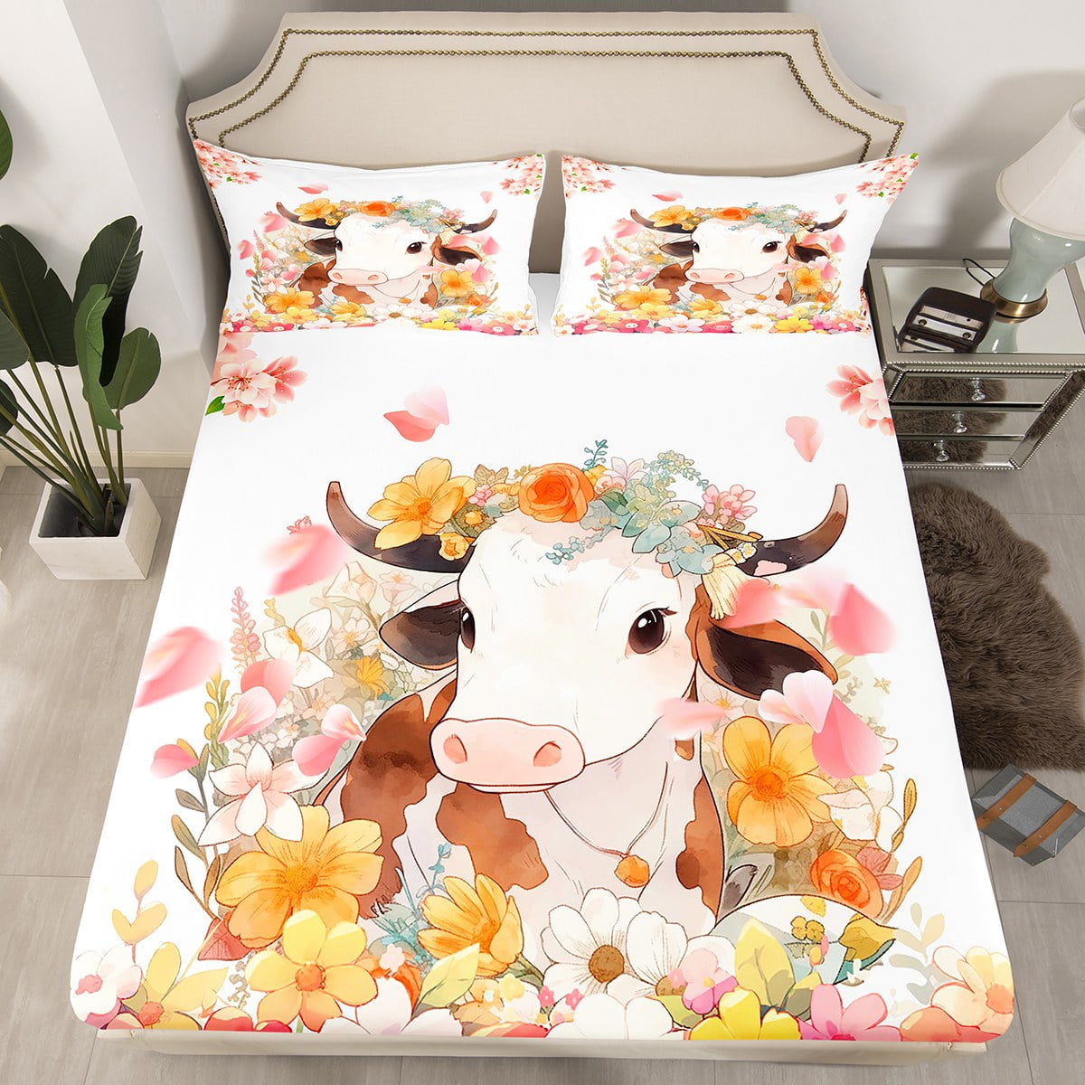YST Highland Cow Floral Bed Sheets Brown Bull Fitted Sheet Queen Size, Rustic Cow Farm Animal ...