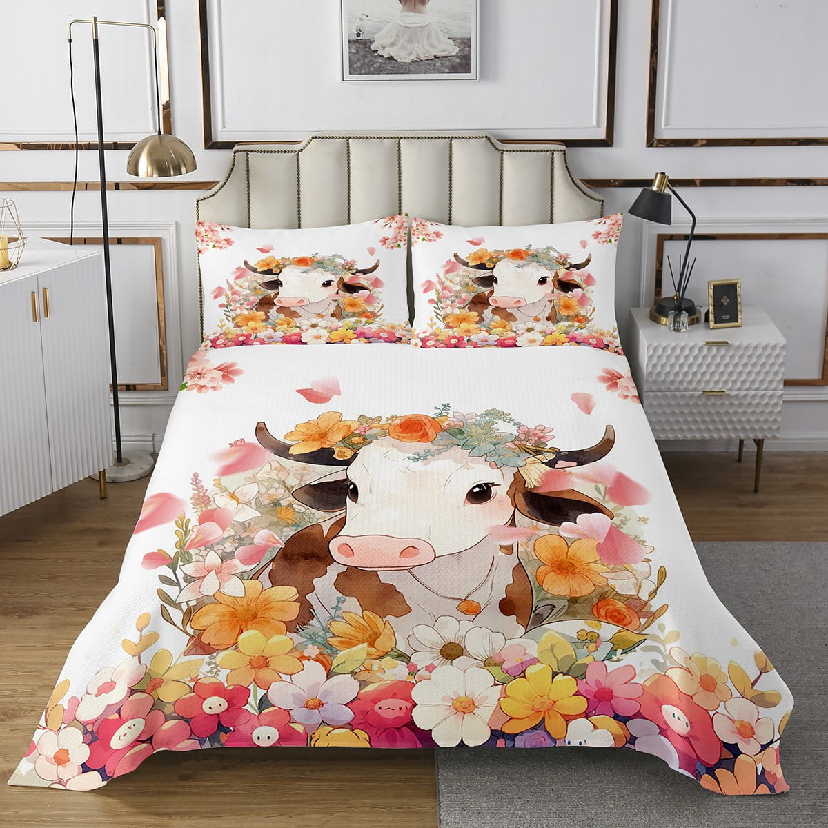 Highland Cow Floral Bedspread Set Brown Bull Quilt Set Twin Size ...
