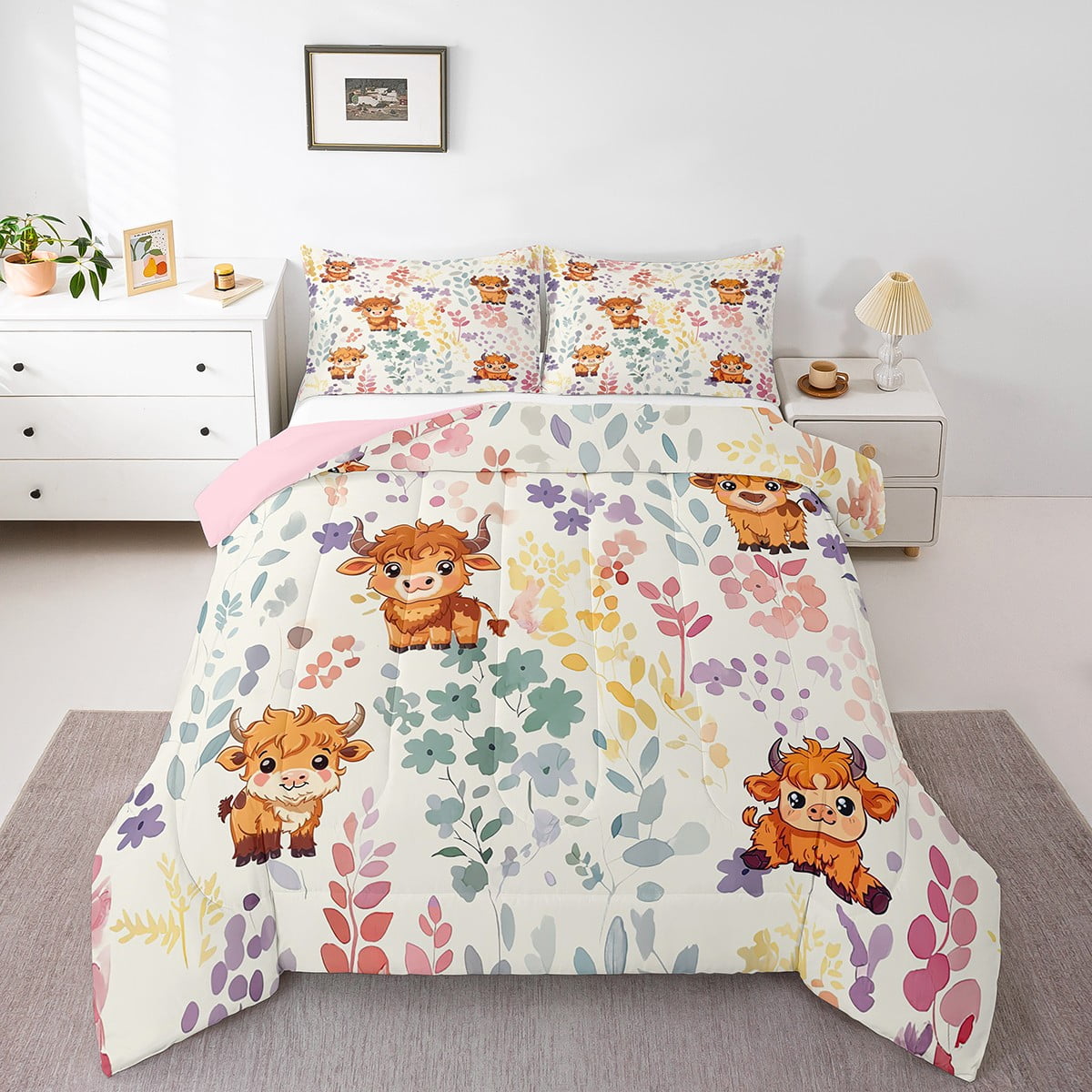 YST Highland Cow Floral King Comforter Set,Western Farmhouse Bull Cattle Bedding Set for Kids ...