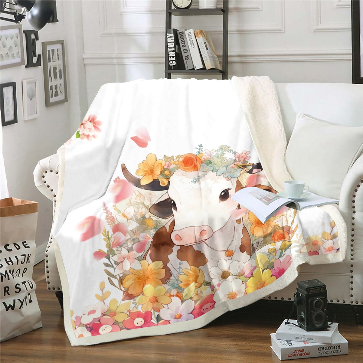 Highland Cow Floral Throw Blanket Brown Bull Fleece Blanket Queen Size ...