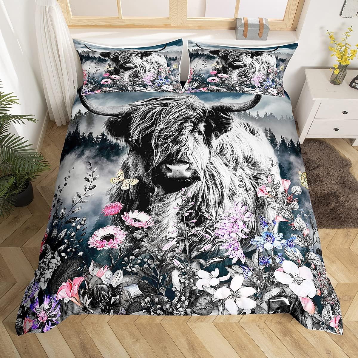 Erosebridal Highland Cow Flower Comforter Cover Queen Size Bull Cattle Bedding Set Western Funny ...