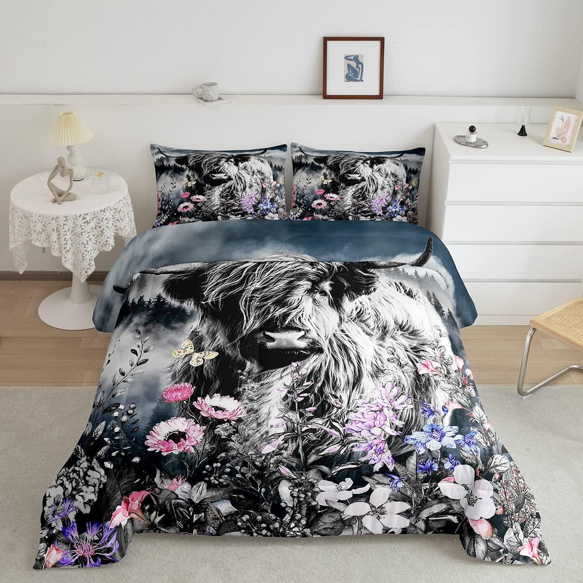 Highland Cow Flower Comforter Set Full Size Bull Cattle Bedding Set ...