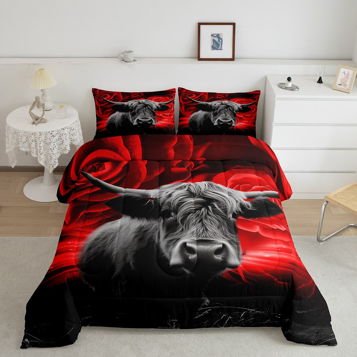 Highland Cow Flower Comforter Set,Romantic Red Rose Bedding Set King for Teens,Grey Bull Cattle ...