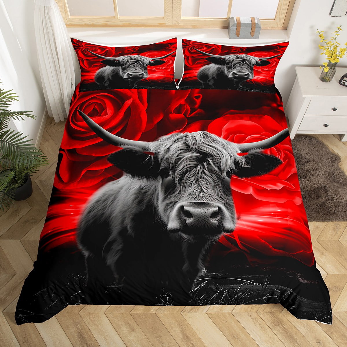 YST Highland Cow Flower Duvet Cover,Romantic Red Rose Bedding Set Queen for Teens,Grey Bull ...