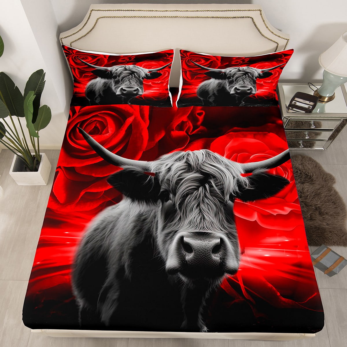 Highland Cow Flower Fitted Sheet,Romantic Red Rose Bed Sheets Twin for Teens,Grey Bull Cattle ...