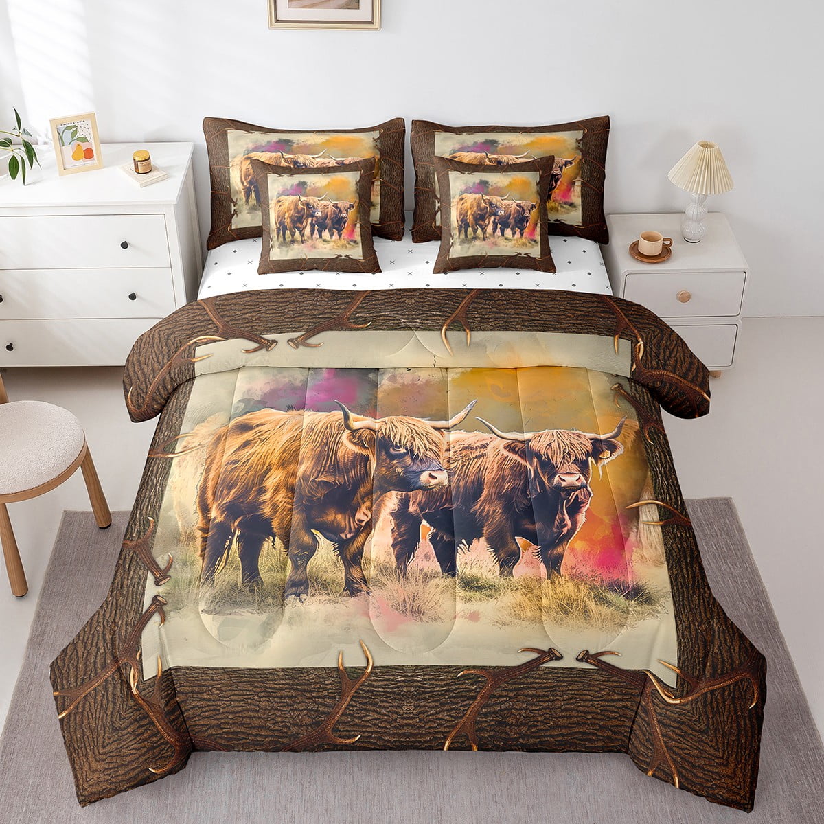 YST Highland Cow Full Comforter Set 7-Piece Watercolor Bull Cattle ...