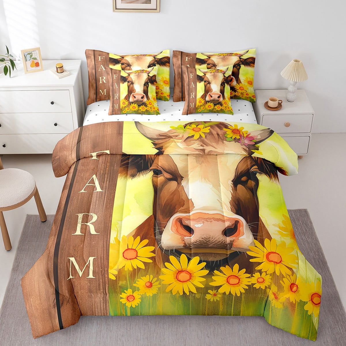 Highland Cow King Comforter Set 7 Piece,Sunflower Cow Print Bed in A Bag With Sheet Set Adults ...