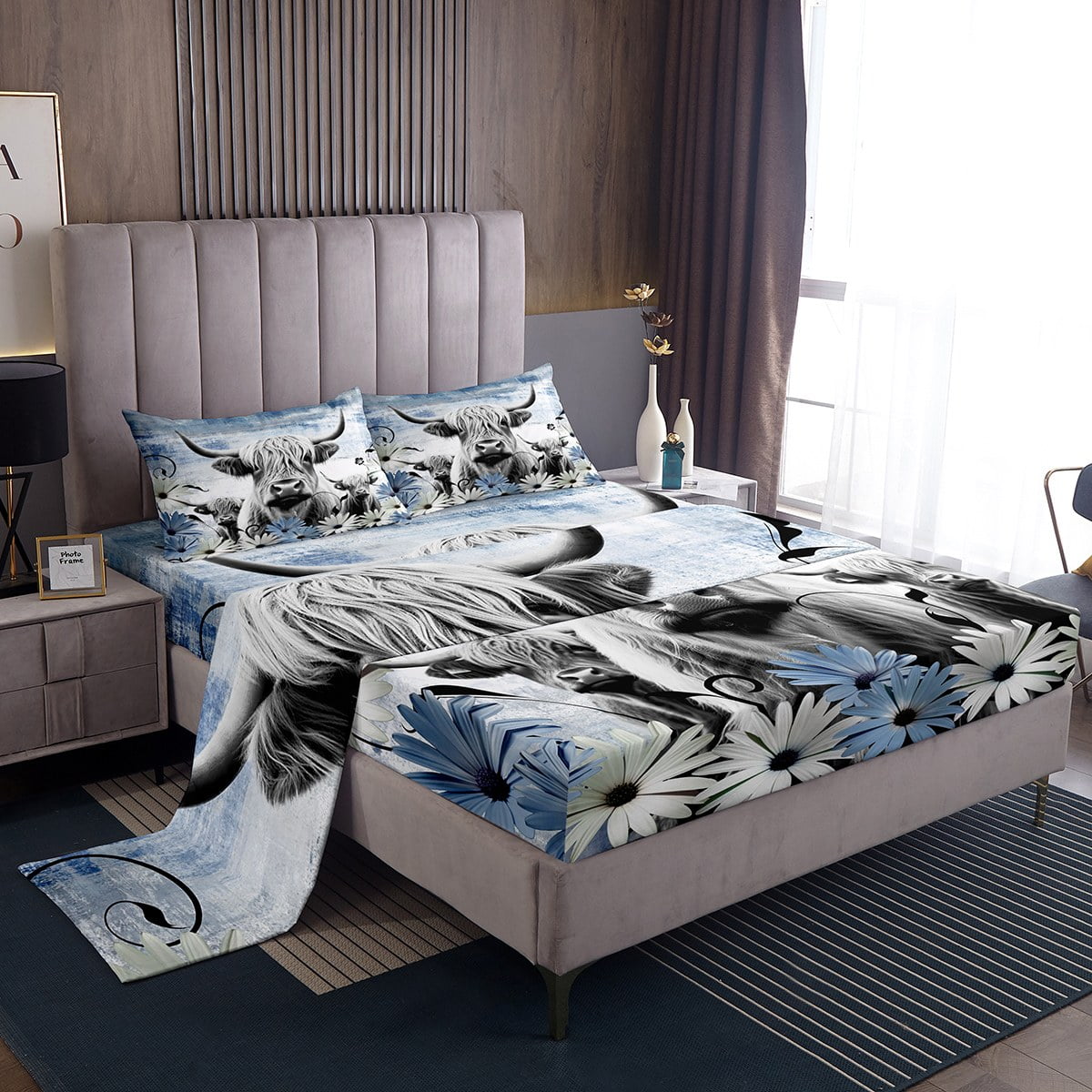 Highland Cow Print Bed Sheets Full,Blue Western Farmhouse Sheet Set ...