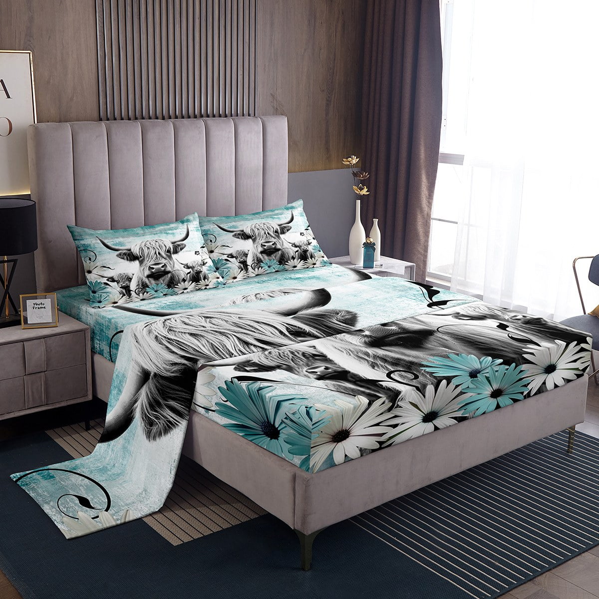 Highland Cow Print Bed Sheets Twin,Teal Western Farmhouse Sheet Set ...