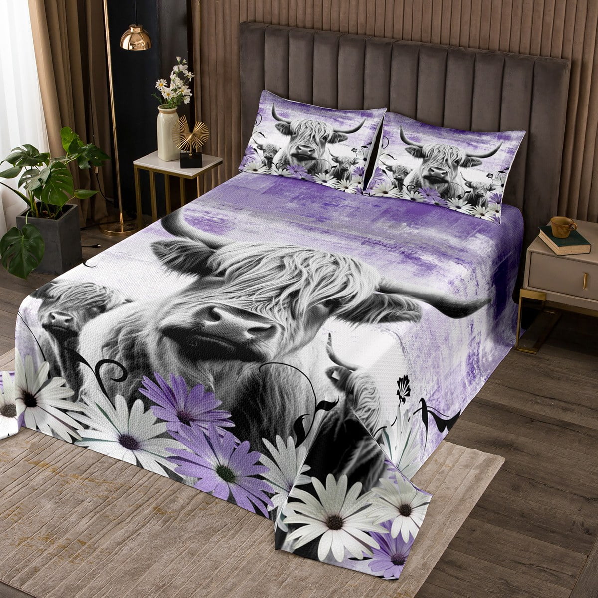 Highland Cow Print Bedspread King,Purple Western Farmhouse Quilt Set ...