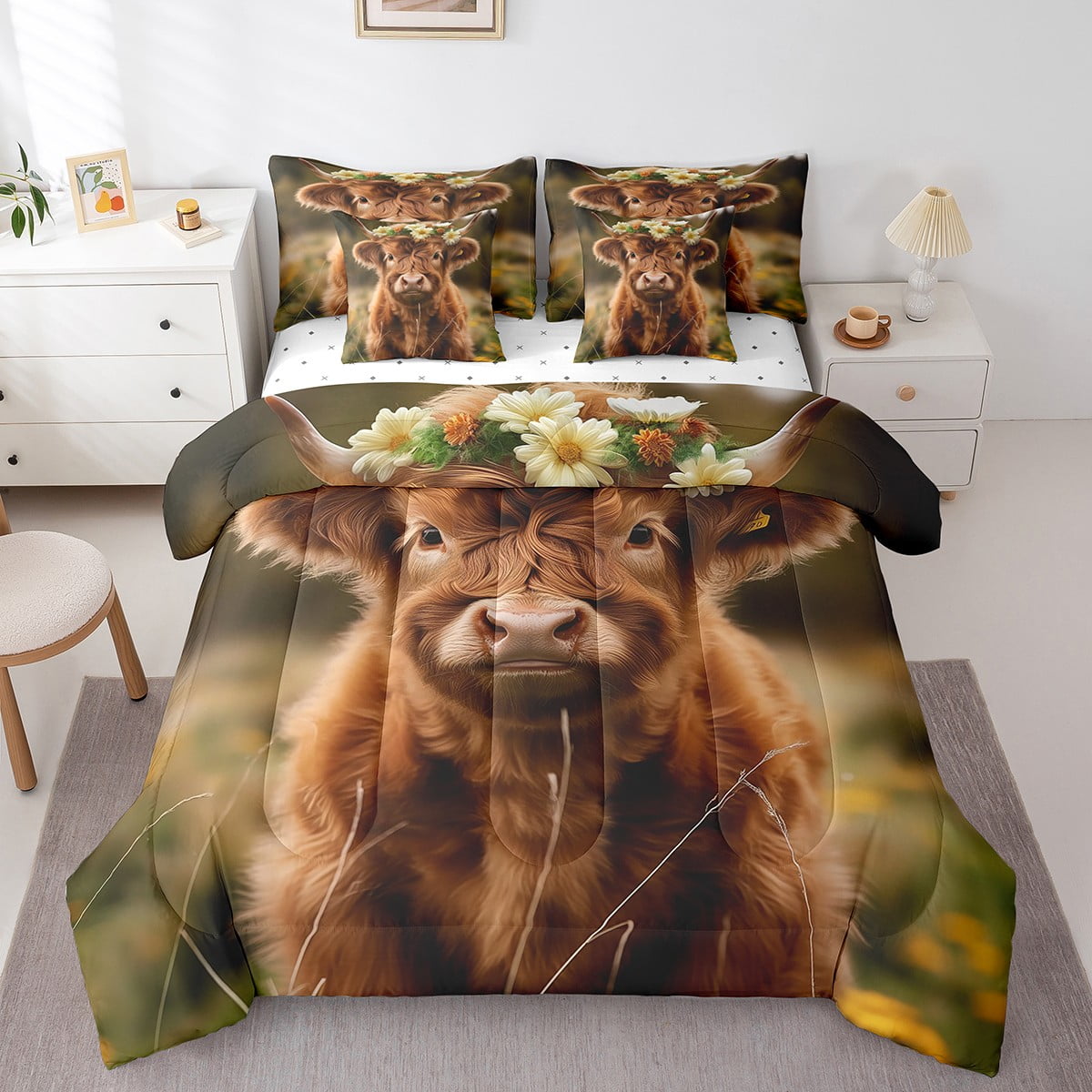 YST Highland Cow Print Comforter Set King 7 Piece Rustic Farmhouse Animal Bed in a Bag Western ...