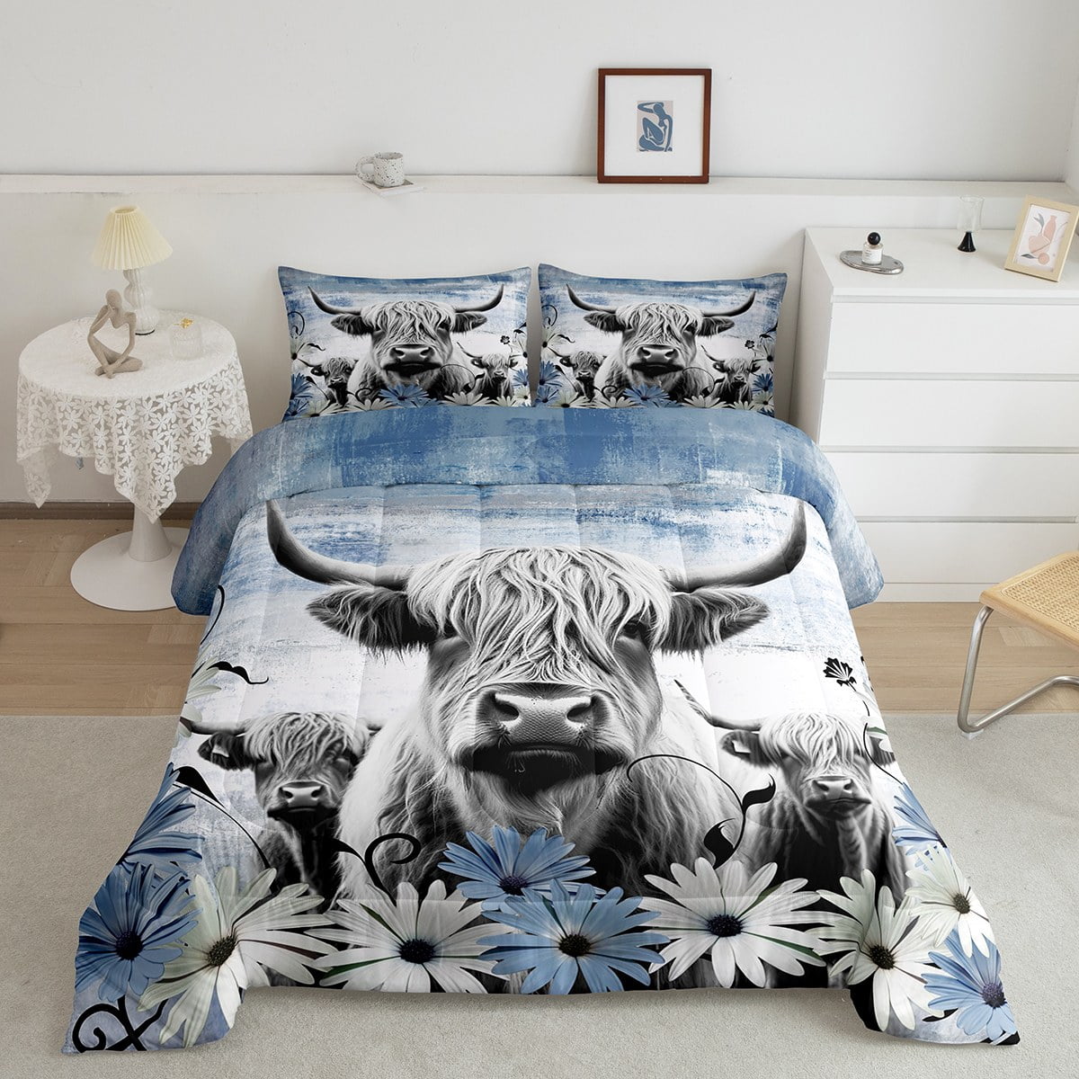 Highland Cow Print Comforter Set King,Blue Western Farmhouse Bedding Sets Rustic Home Decor ...