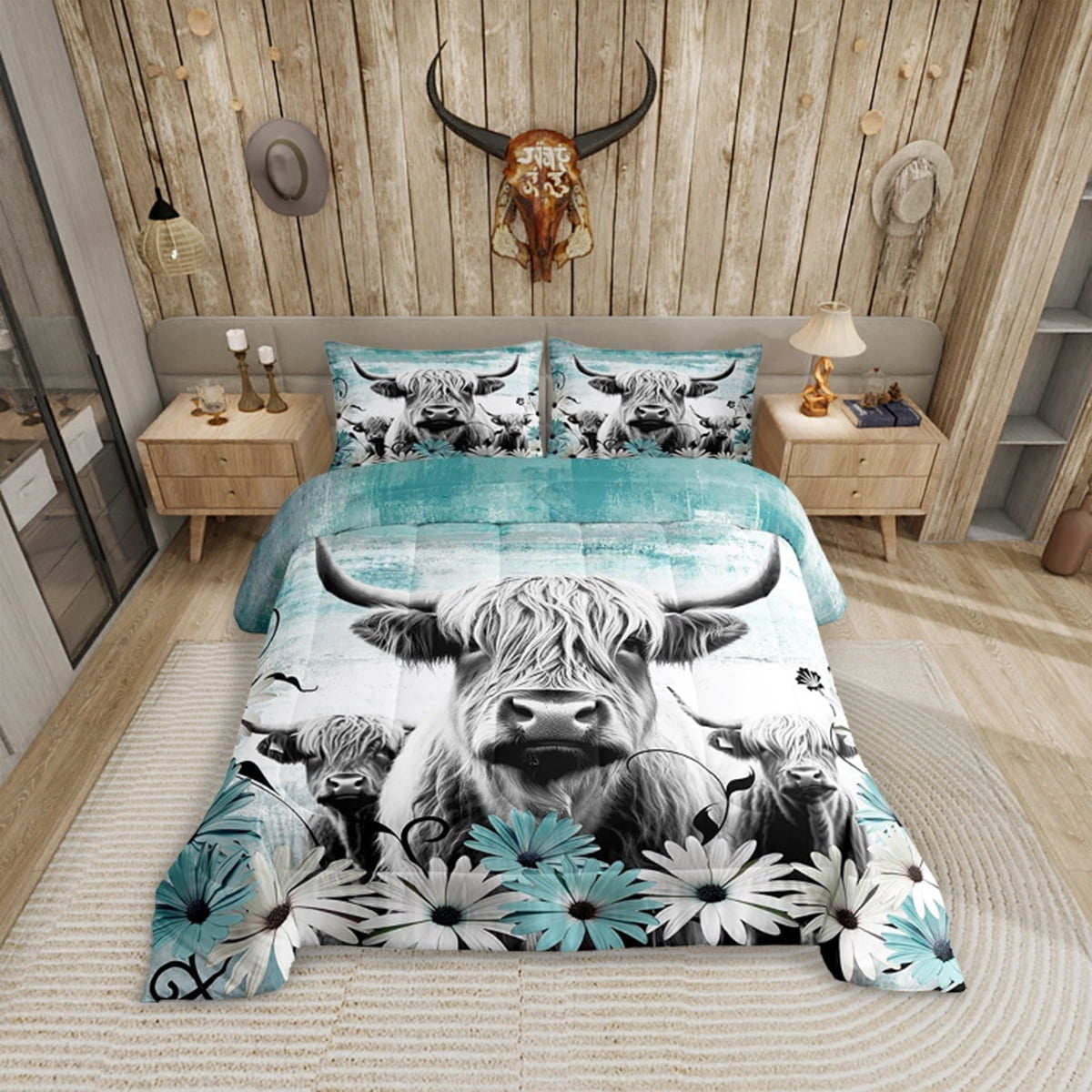 Highland Cow Print Comforter Set King,Teal Western Farmhouse Bedding ...