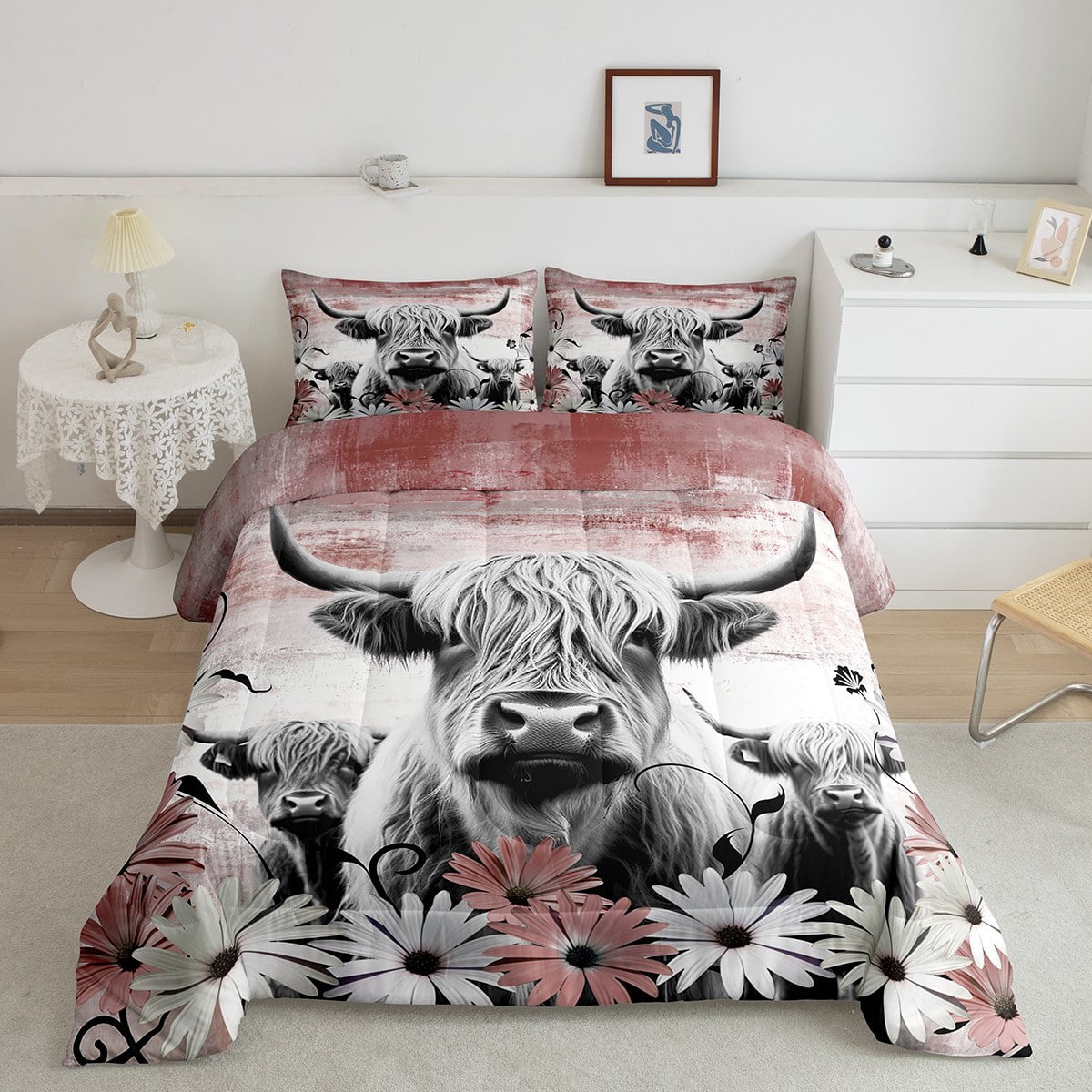 Highland Cow Print Comforter Set Queen,Red Western Farmhouse Bedding ...
