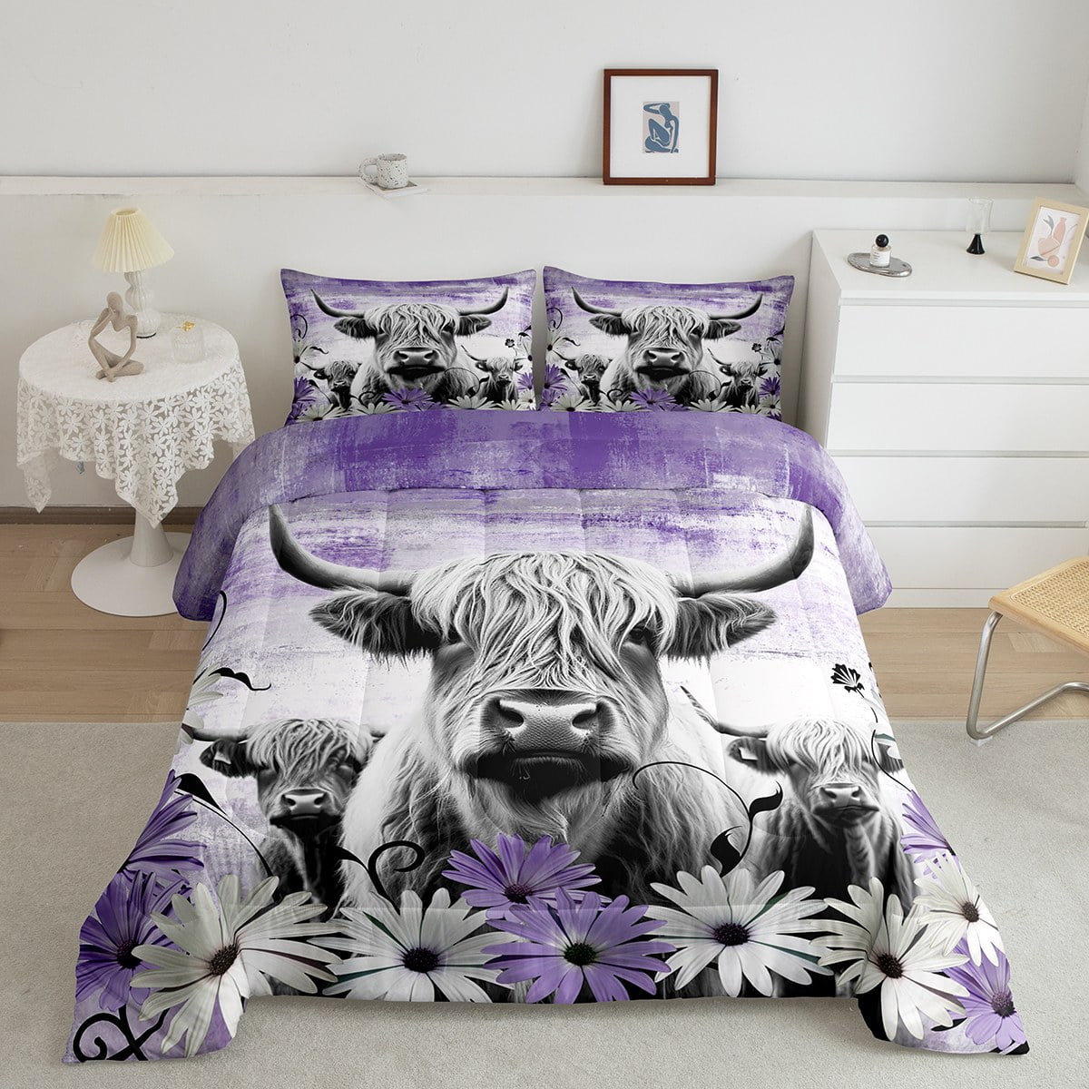 YST Highland Cow Print Comforter Set Twin,Purple Western Farmhouse ...
