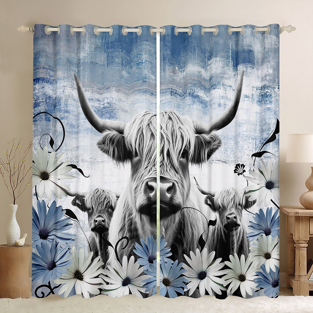 Erosebridal Highland Cow Print Curtains Blackout,Blue Western Farmhouse ...