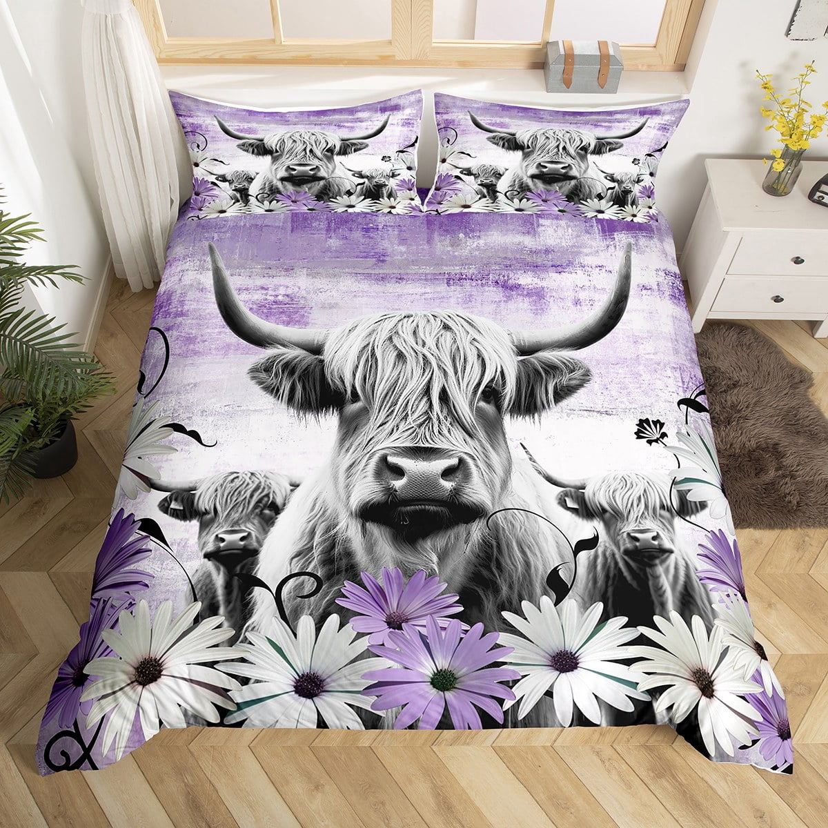 YST Highland Cow Print Duvet Cover King,Purple Western Farmhouse ...