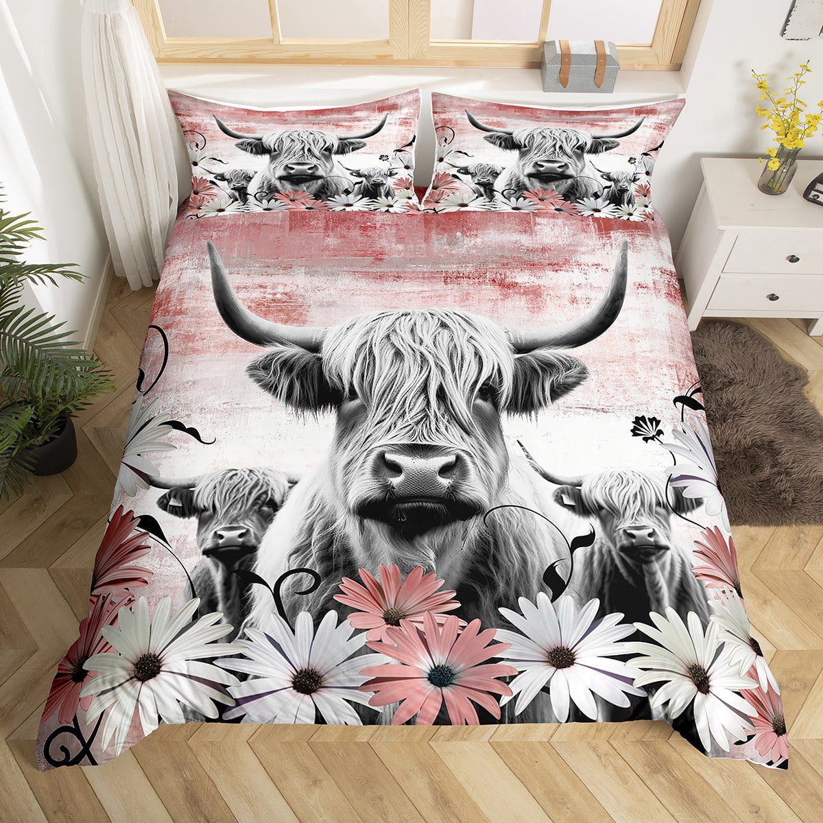 Highland Cow Print Duvet Cover Queen,Red Western Farmhouse Bedding Set ...