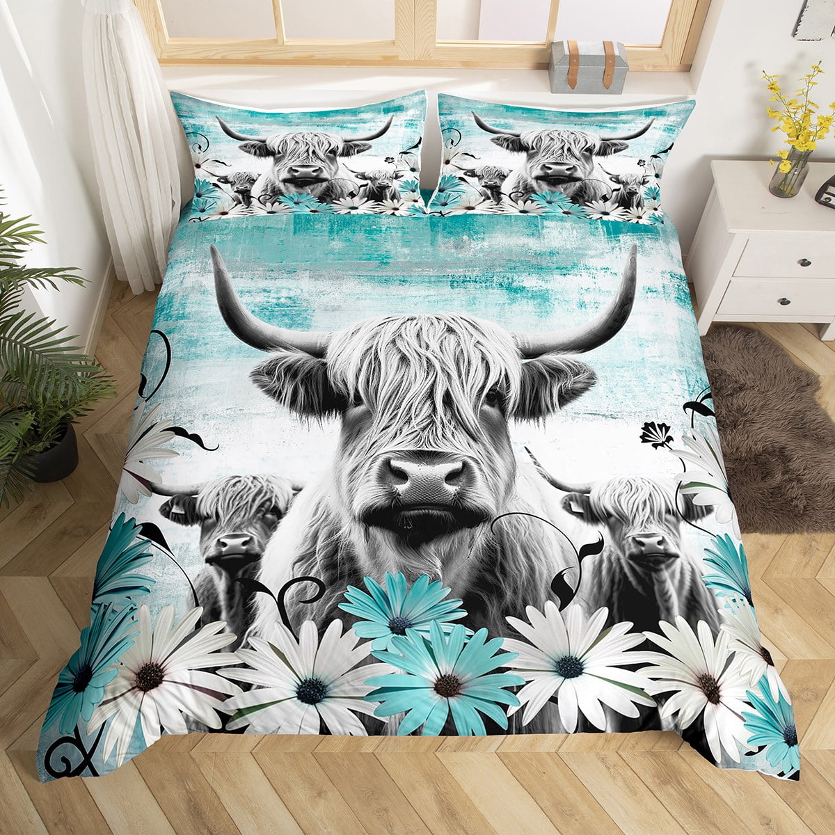 Erosebridal Highland Cow Print Duvet Cover Queen,Teal Western Farmhouse Bedding Set Rustic Home ...