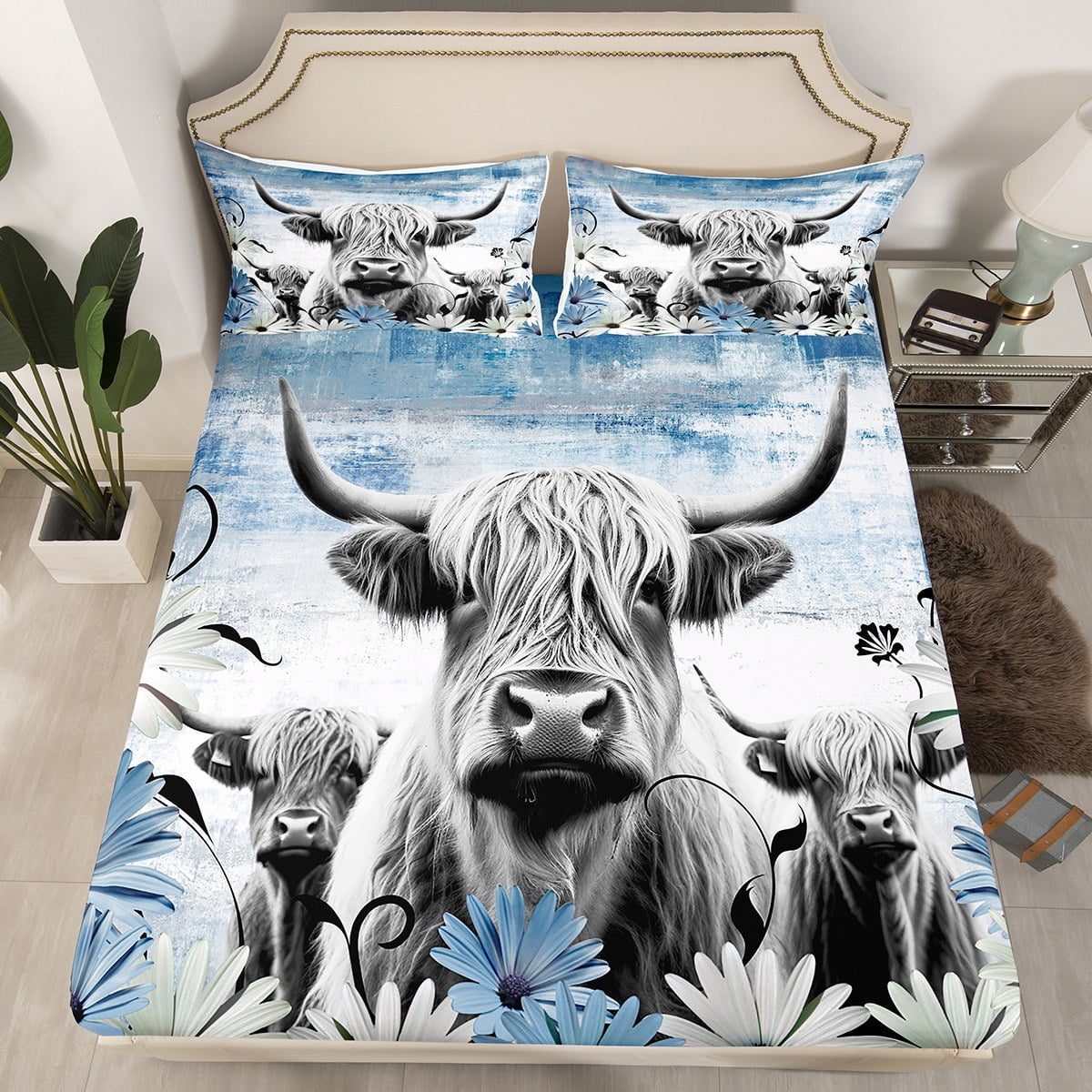 Erosebridal Highland Cow Print Fitted Sheet Full,Blue Western Farmhouse ...