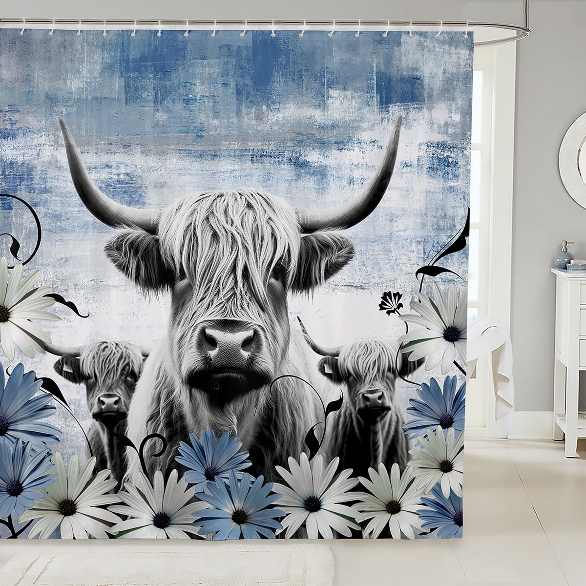 Highland Cow Print Shower Curtain,Blue Western Farmhouse Bathroom ...