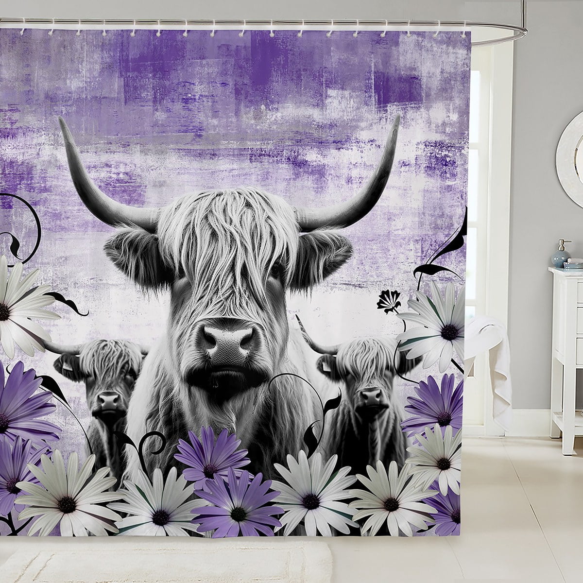 Erosebridal Highland Cow Print Shower Curtain,Purple Western Farmhouse ...