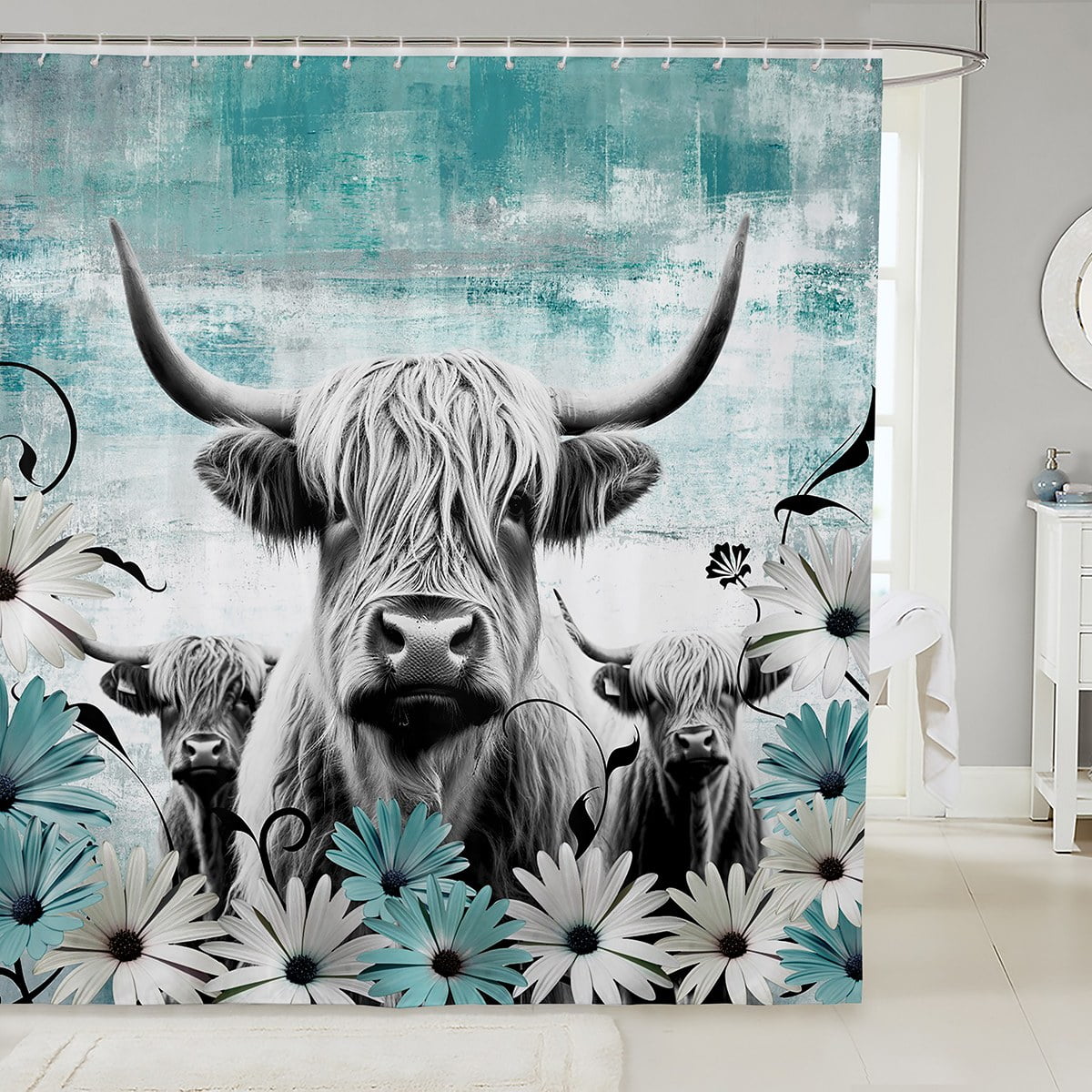 Highland Cow Print Shower Curtain,Teal Western Farmhouse Bathroom ...