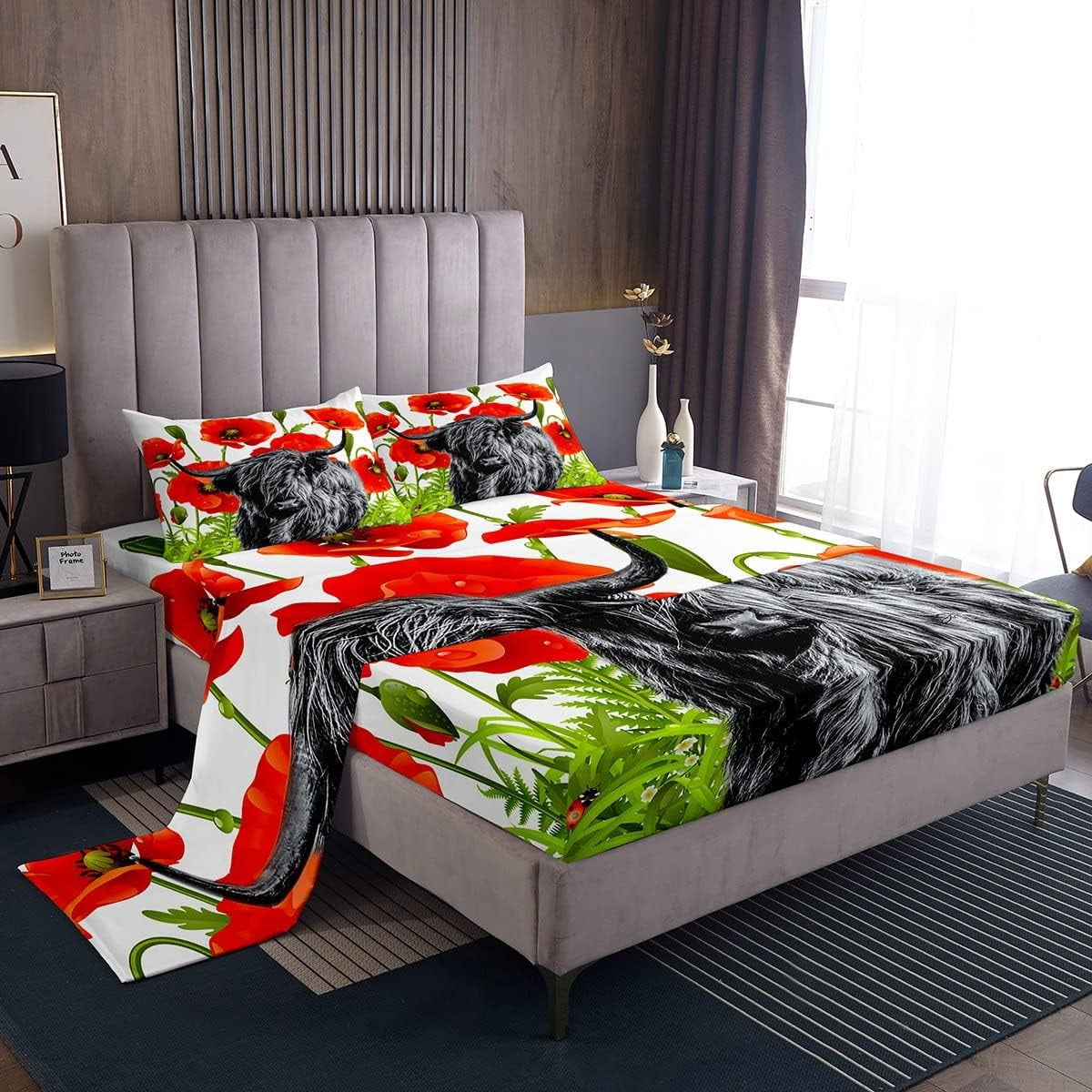 YST Highland Cow Sheet Set Red Poppy Floral Bed Sheets King Size Western Cattle Bull Flowers ...