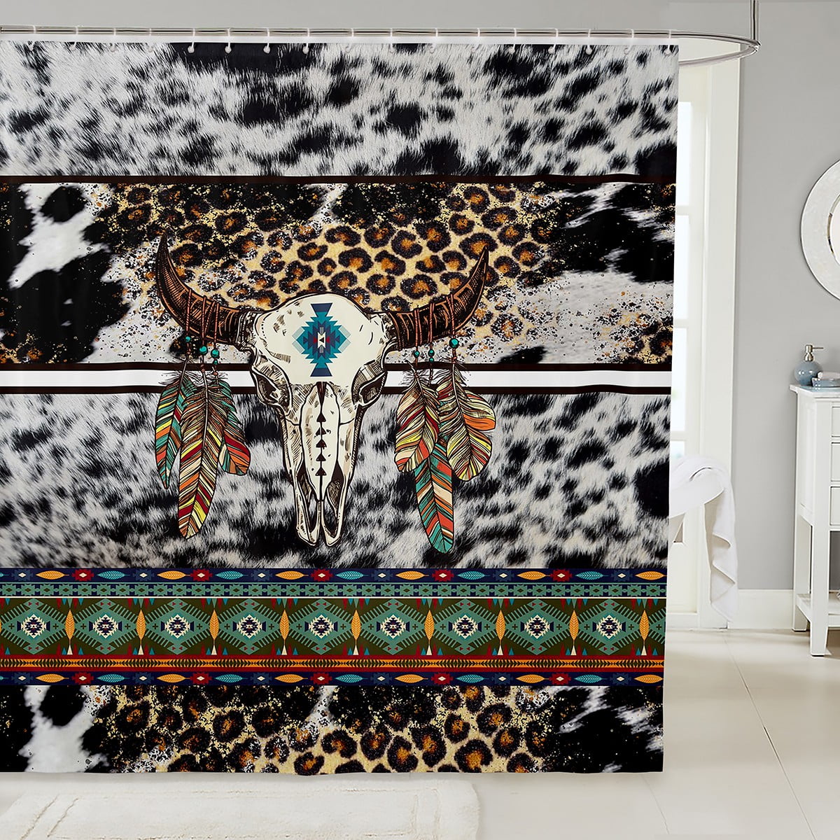 Highland Cow Skull Bathroom Curtains,Cheetah Print Bath Curtain Boho ...