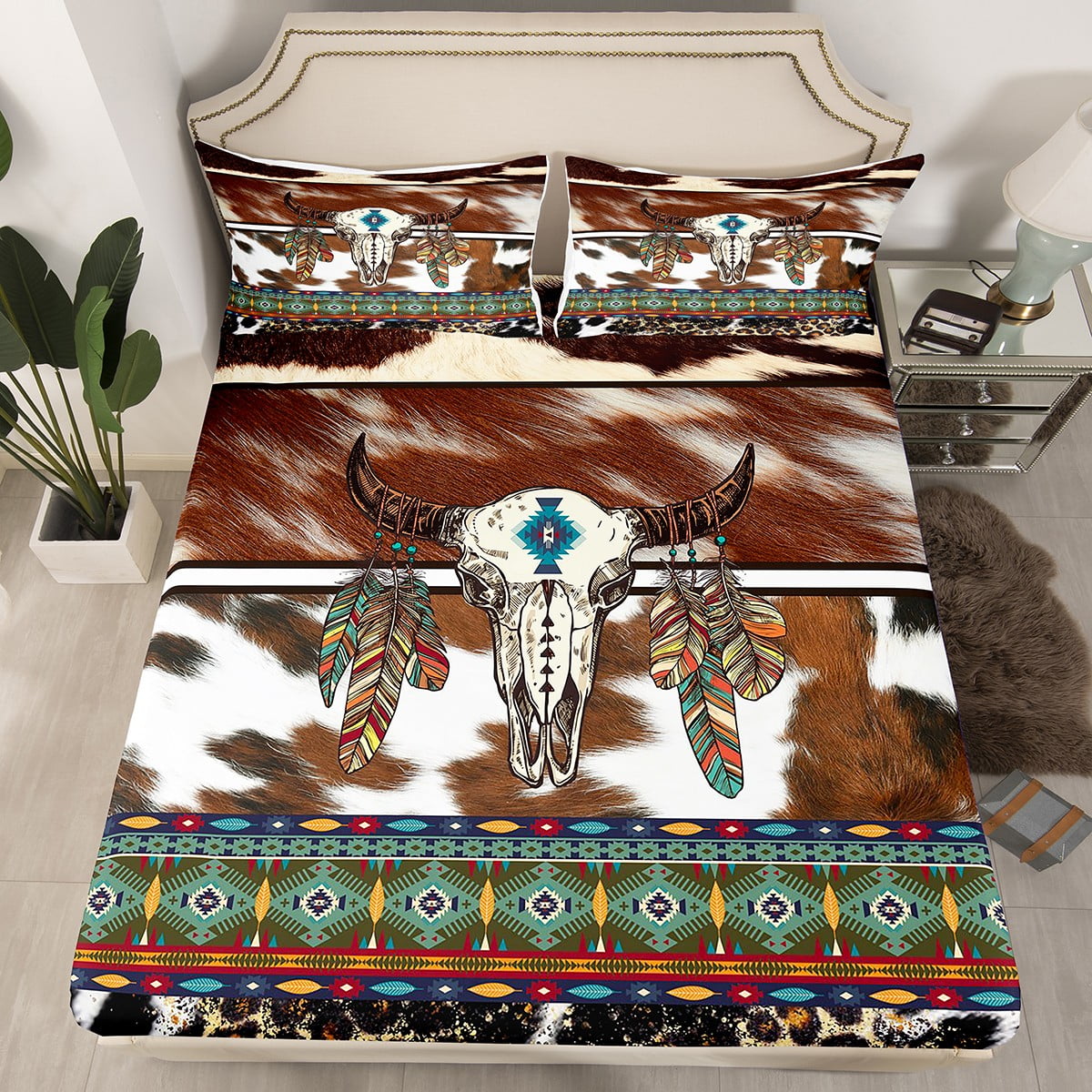 Erosebridal Highland Cow Skull Western Bed Sheets Full,Cheetah Print ...