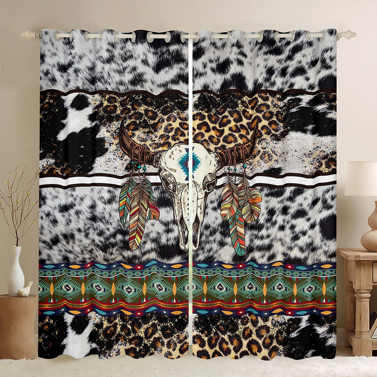 Erosebridal Highland Cow Skull Western Curtains & Drapes,Cheetah Print ...