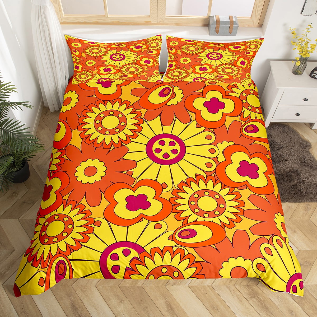 YST Hippie Boho Duvet Cover Queen 70S Retro Groovy Flowers Power ...