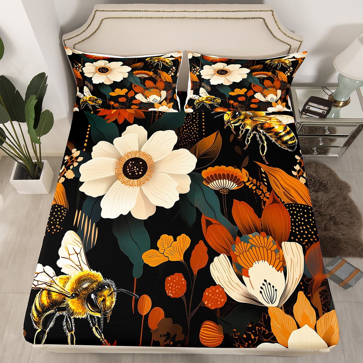 YST Hippie Floral Bedding Queen Size Cartoon Bee Bed Sheets, Wild ...