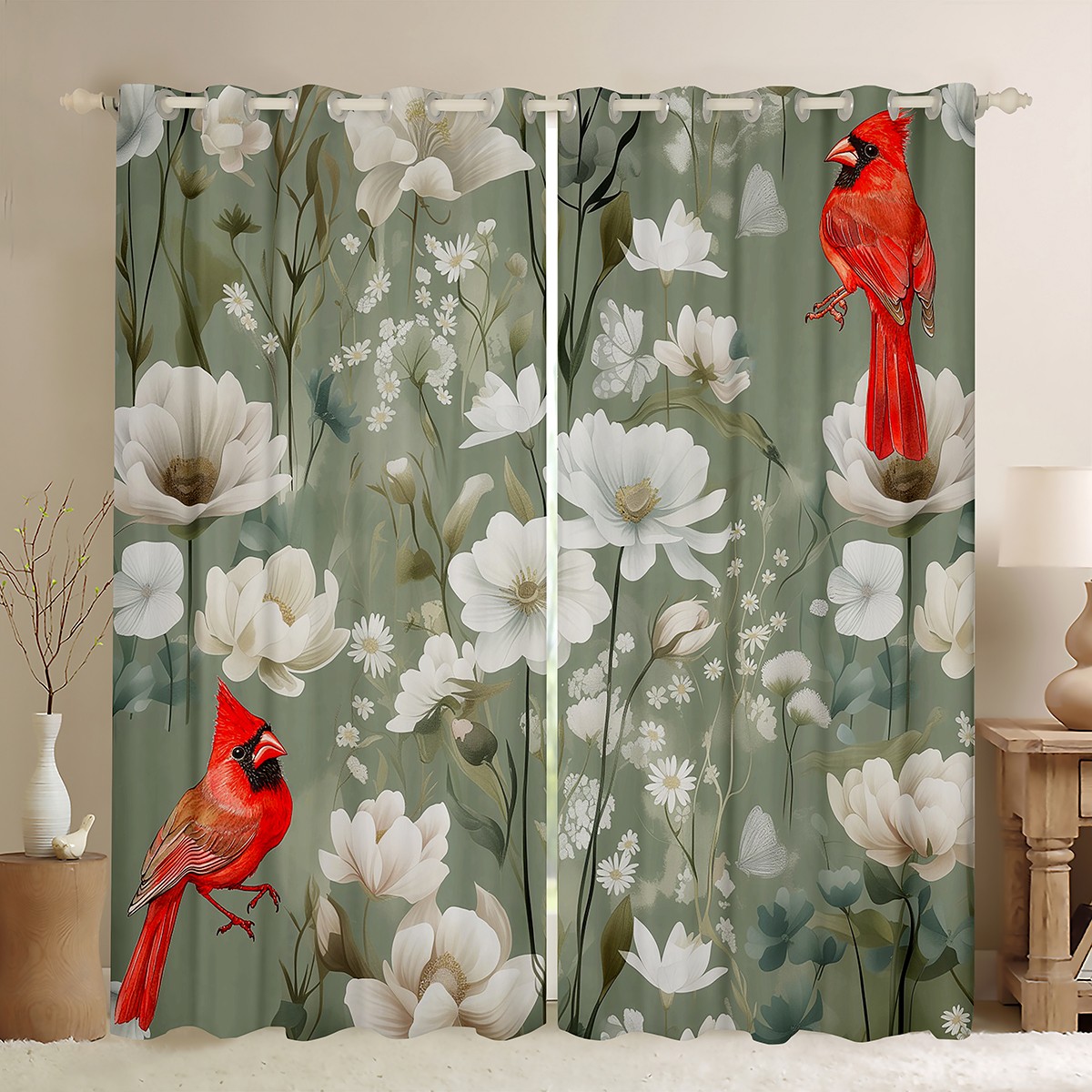 Hippie Floral Curtains & Drapes Cartoon Cardinal Bird Curtains,Animal ...