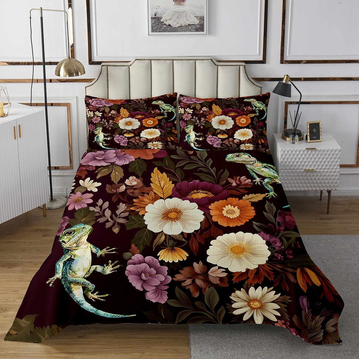 YST Hippie Floral Queen Quilt Set Cartoon Lizard Coverlet Set, Wild ...