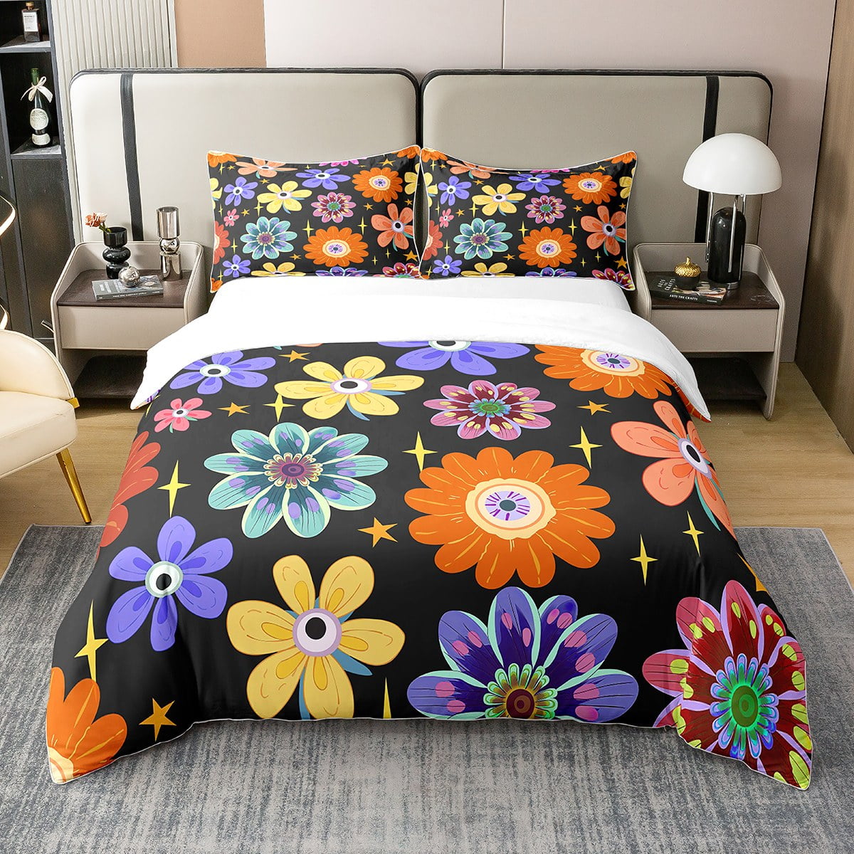 Erosebridal Hippie Flower 100% Organic Cotton Duvet Cover,Groovy Style ...