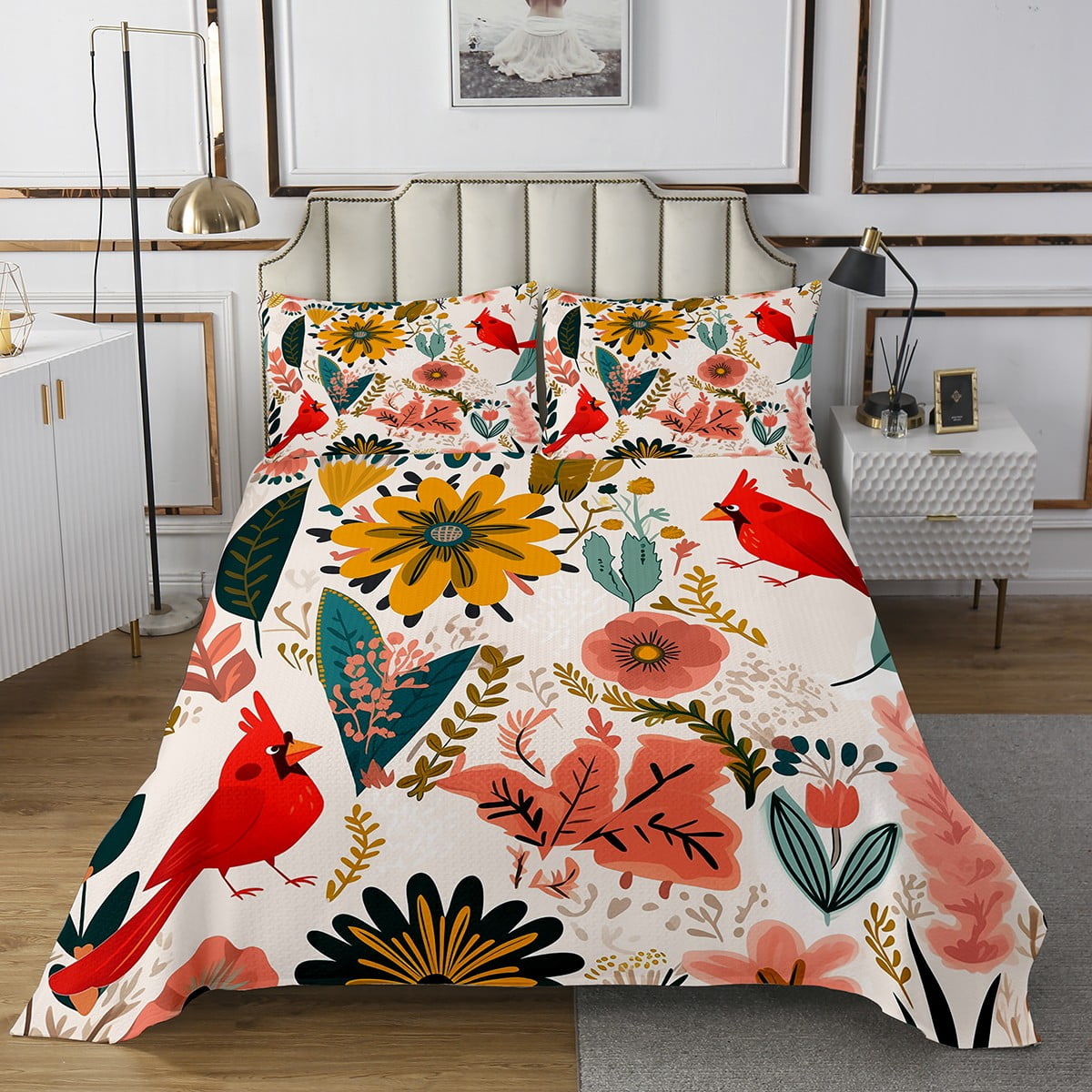 YST Hippie Flower Coverlet Twin Size Cardinal Bird Bedding Set, Summer ...